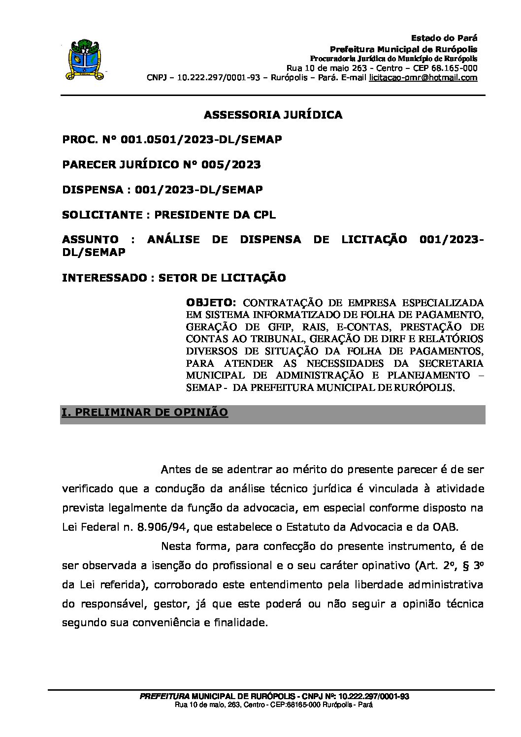 005 - 2023 - PARECER JURÍDICO - DISPENSA empresa especializada folha de ...